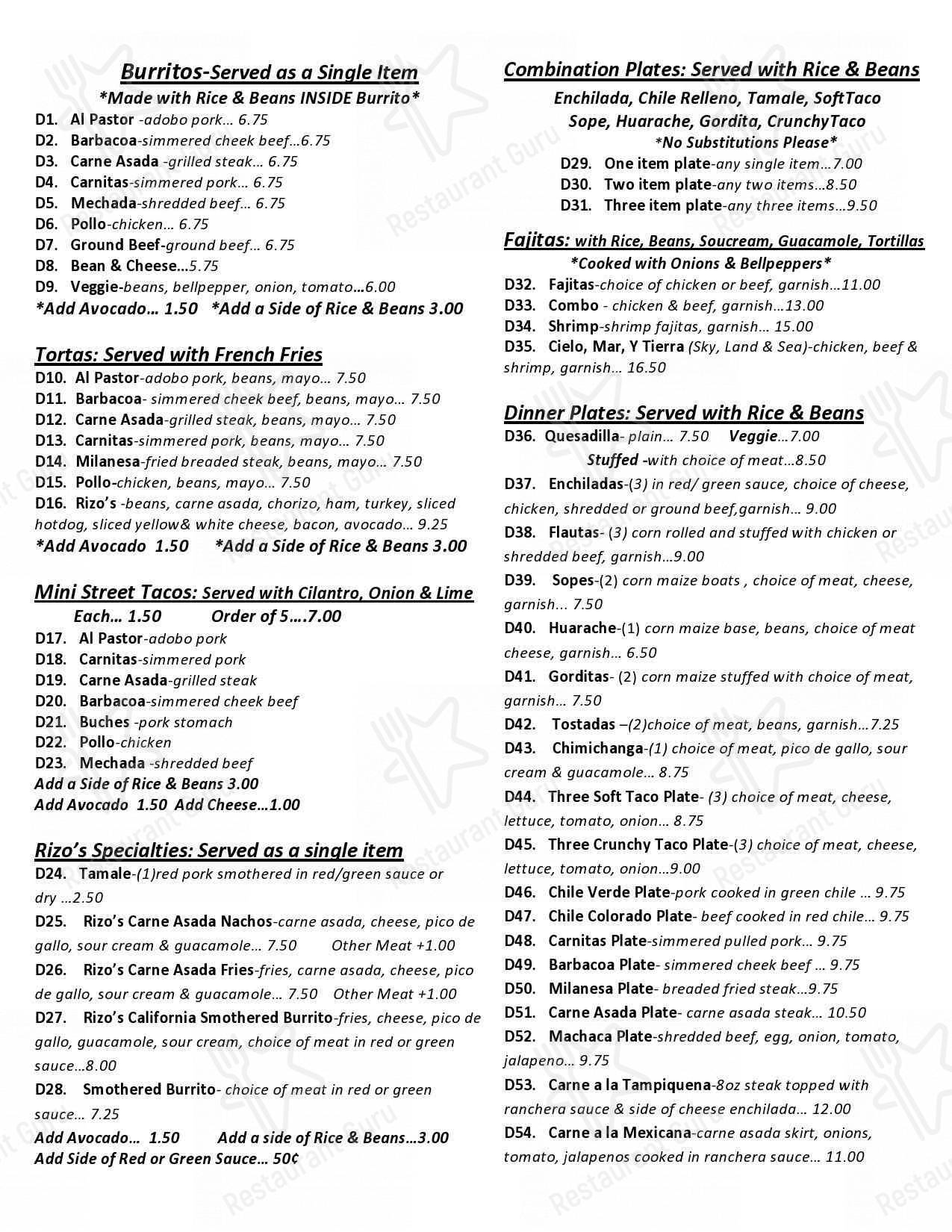 Menu at Rizo's Restaurant, Alamogordo