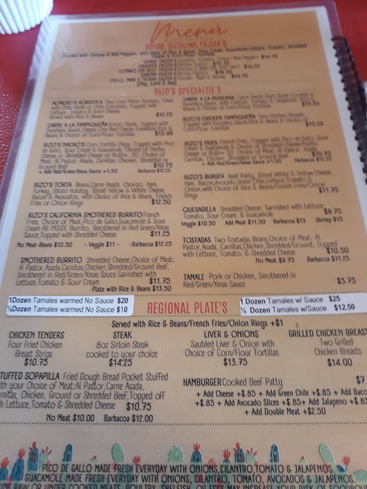 Menu at Rizo's Restaurant, Alamogordo