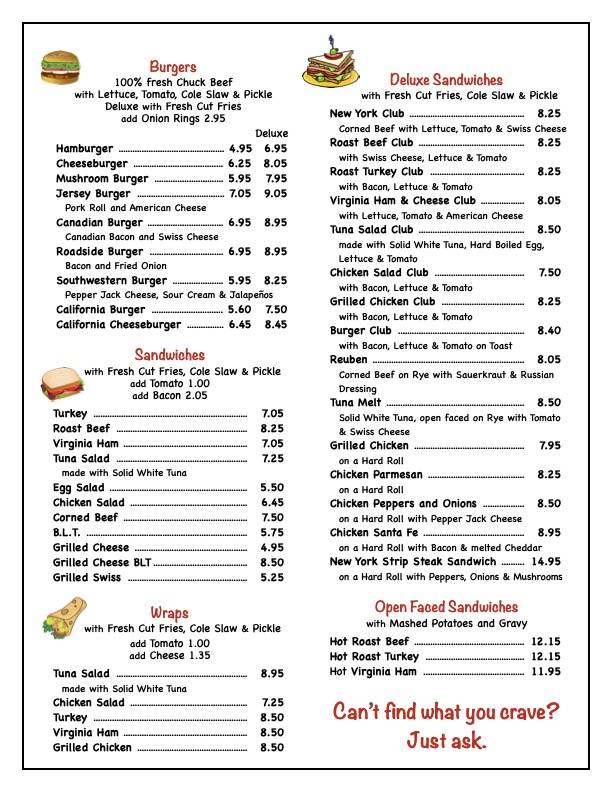 Menu at Roadside Diner restaurant, Wall Township