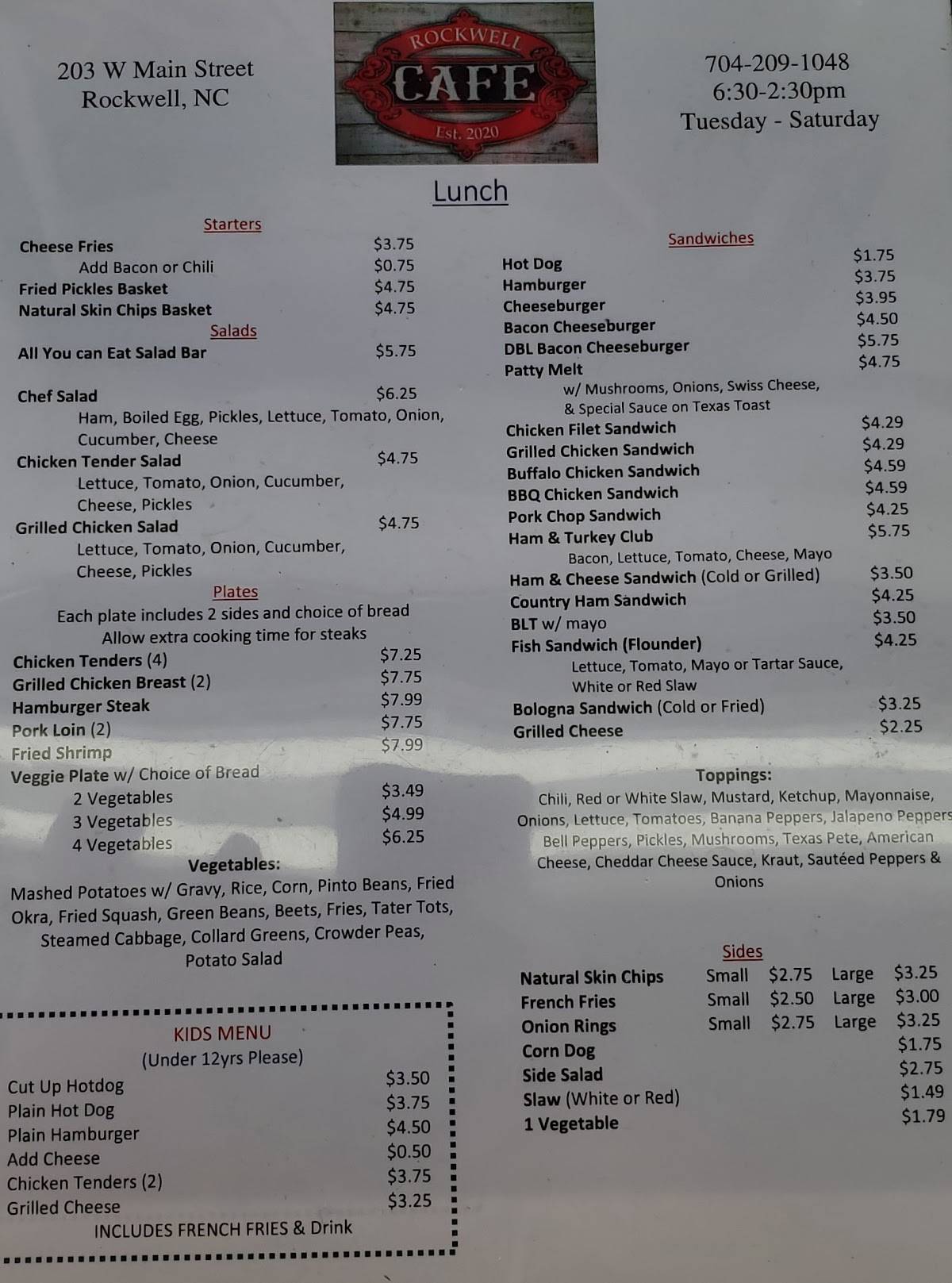 Menu at Rockwell Cafe, Rockwell, 203 W Main St