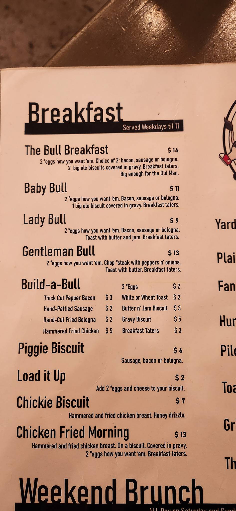 Menu at Bull Babies desserts, Rogersville