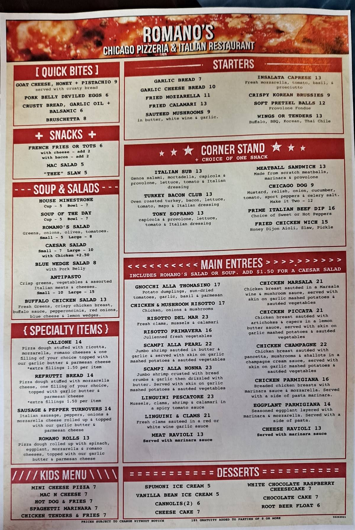 Menu at Romano's Chicago Pizzeria, Lake Havasu City