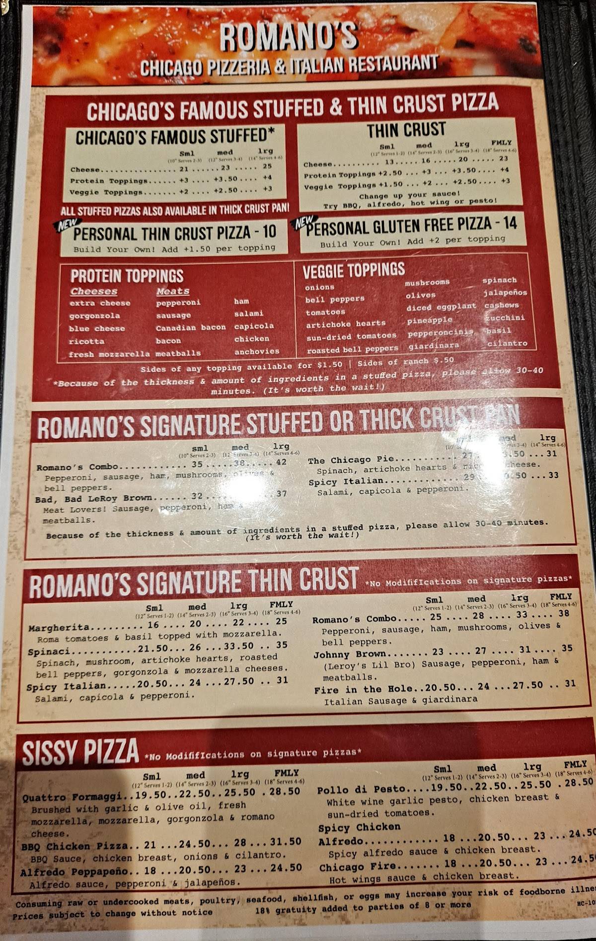 Menu at Romano's Chicago Pizzeria, Lake Havasu City