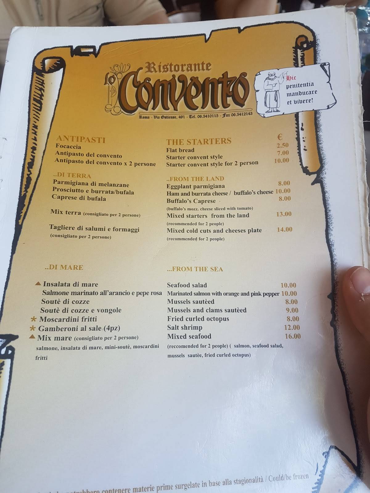 Carta del restaurante Lo Convento, Roma