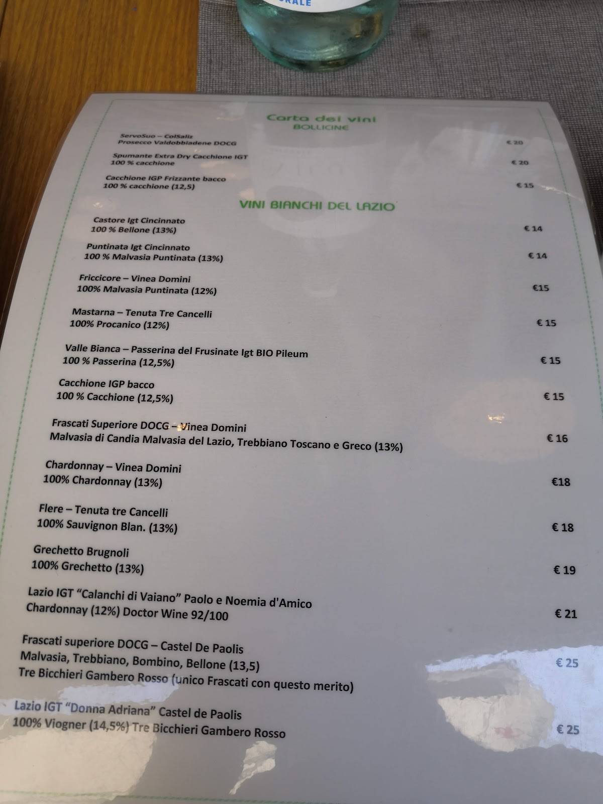 Menu at Popina Trattoria restaurant, Rome
