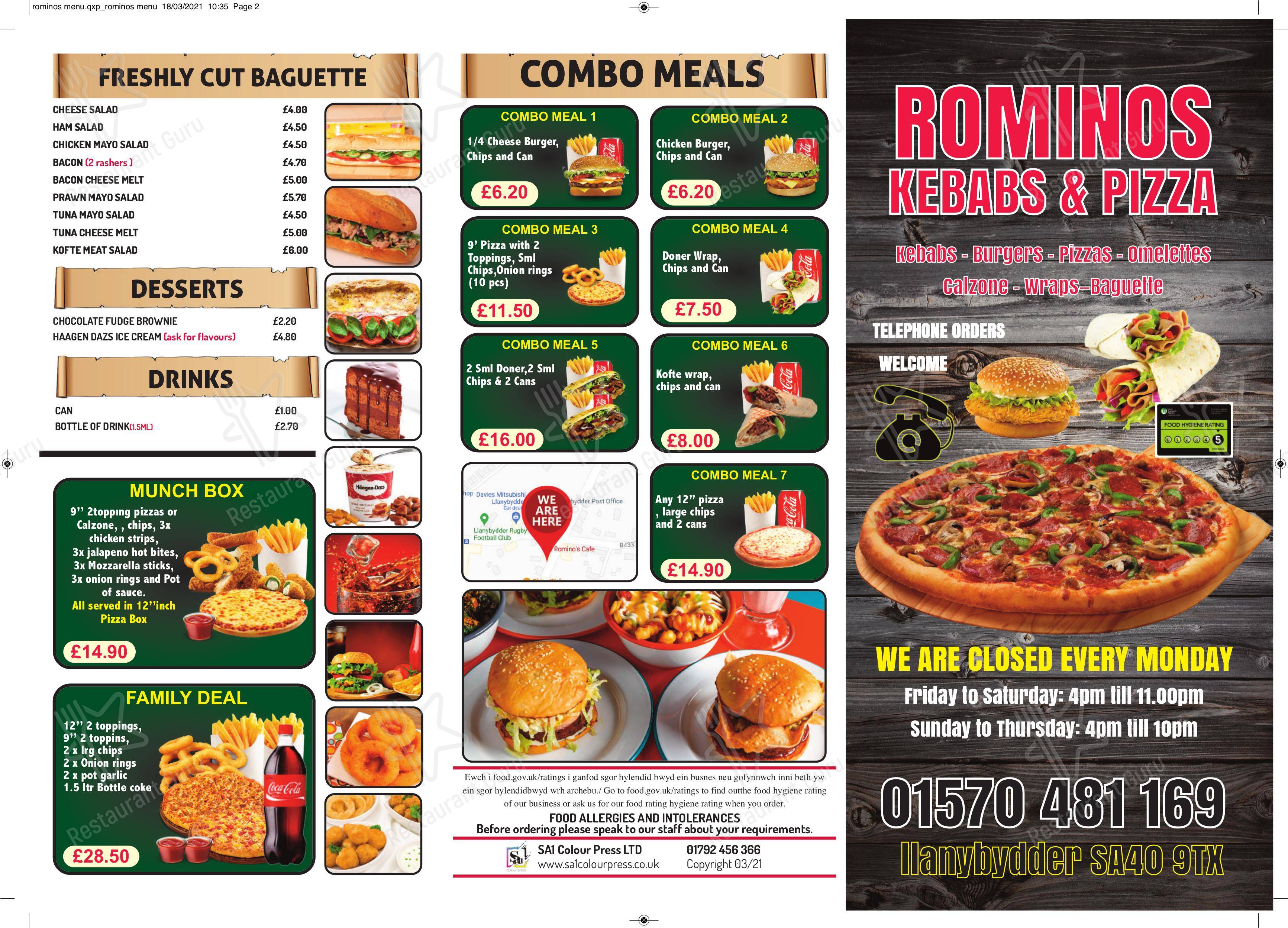 Menu at Romino's Cafe, Llanybydder