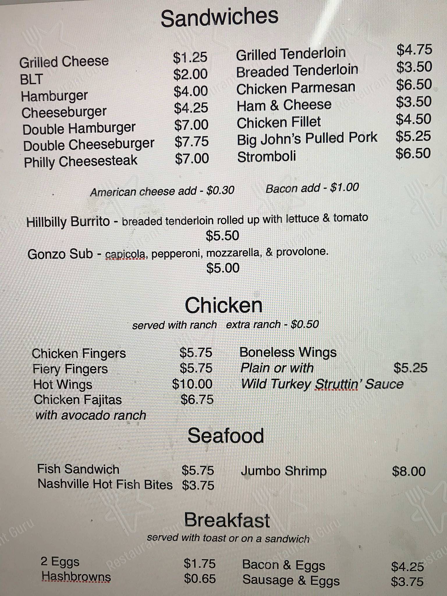 Menu at Ron's Place pizzeria, Huntingburg