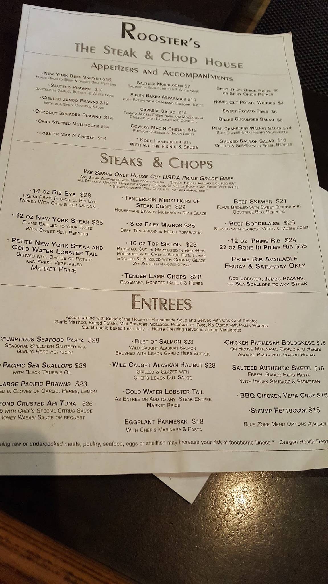 Menu at Roosters Steak & Chop House steakhouse, Klamath Falls