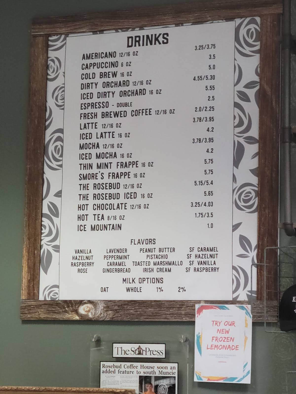 Menu at Rosebud Coffee House, Muncie