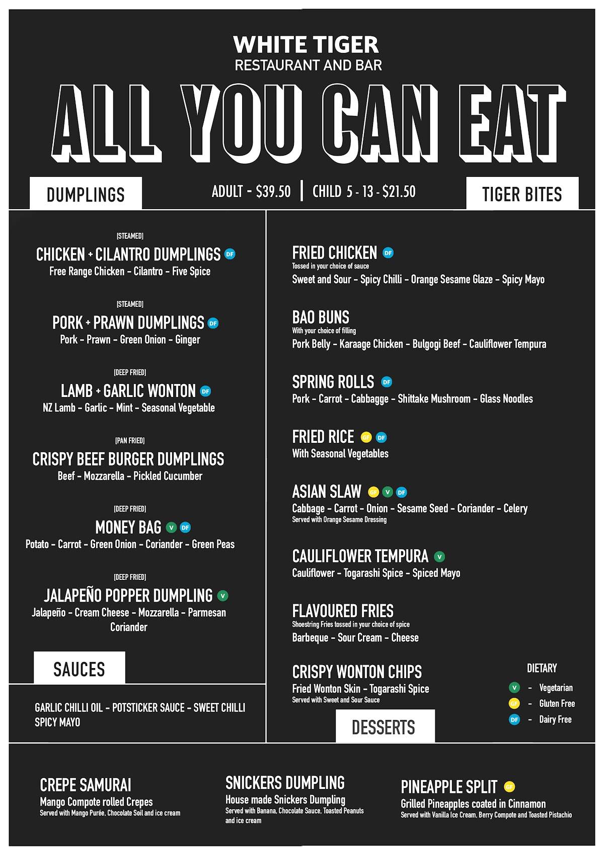 Menu at White Tiger Restaurant & Bar, Rotorua