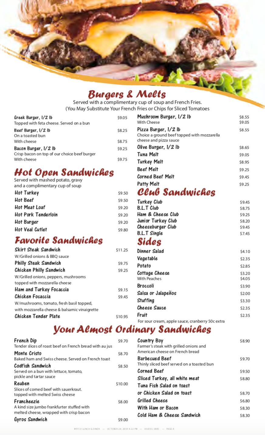 Menu at Mrs V's Restaurant, Round Lake Beach