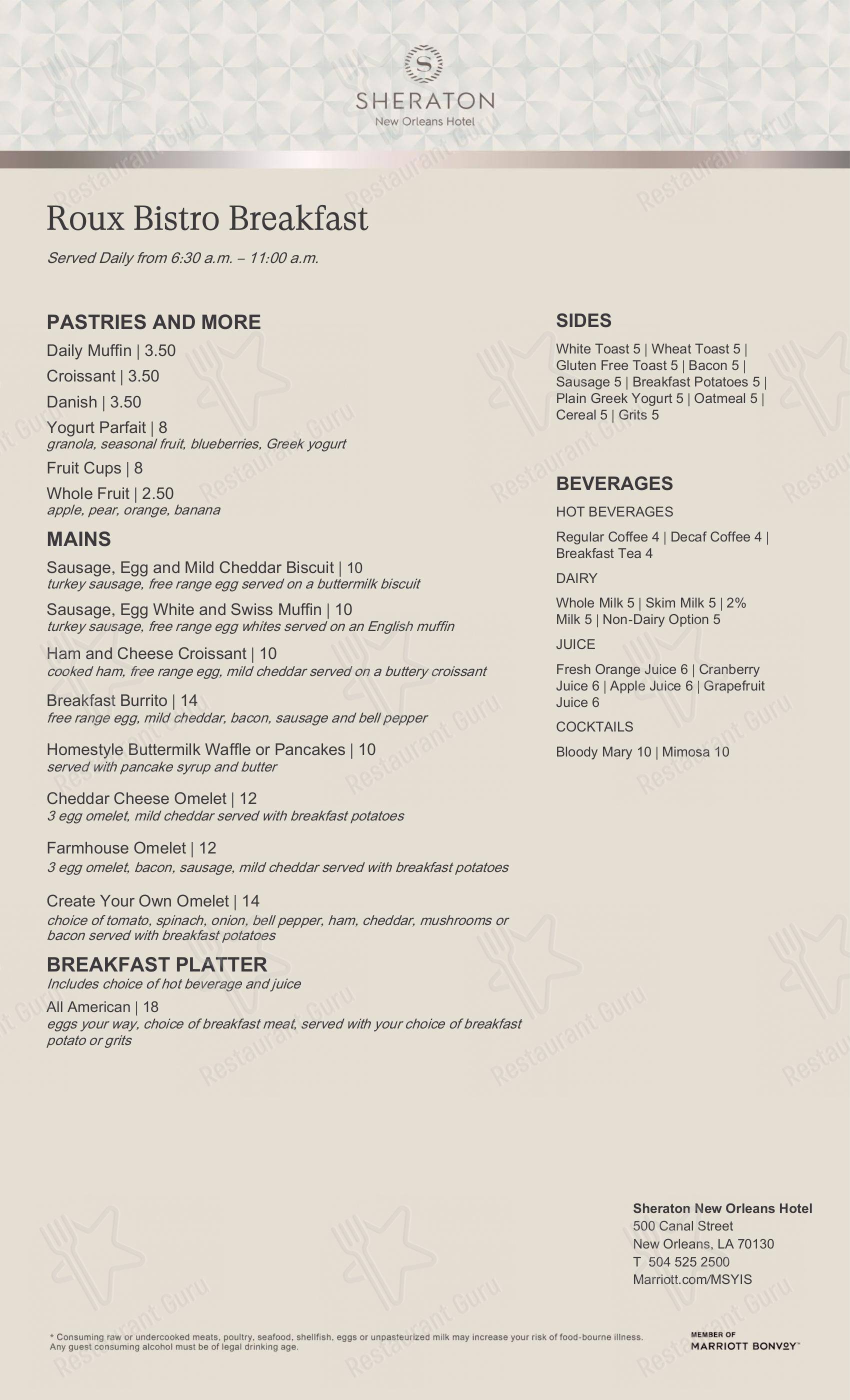 Menu at Roux Bistro pub & bar, New Orleans, Sheraton New Orleans