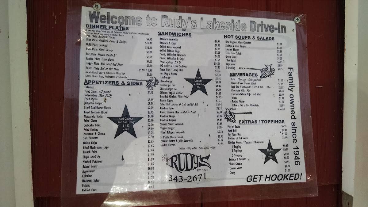 Menu at Rudy's Lakeside Drive-In restaurant, Oswego, 78 Co Rte 89