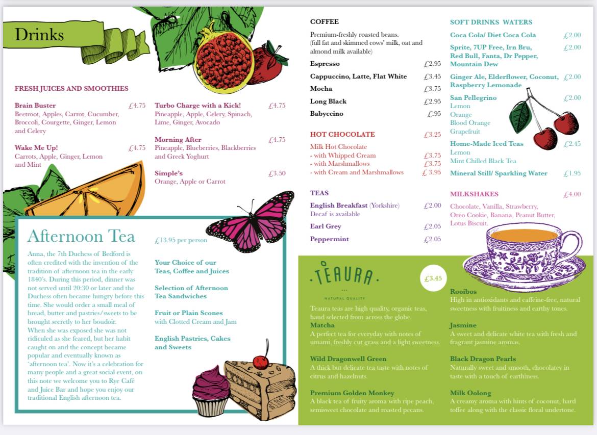 Menu at Rye Cafe and Juice Bar, Ashtead