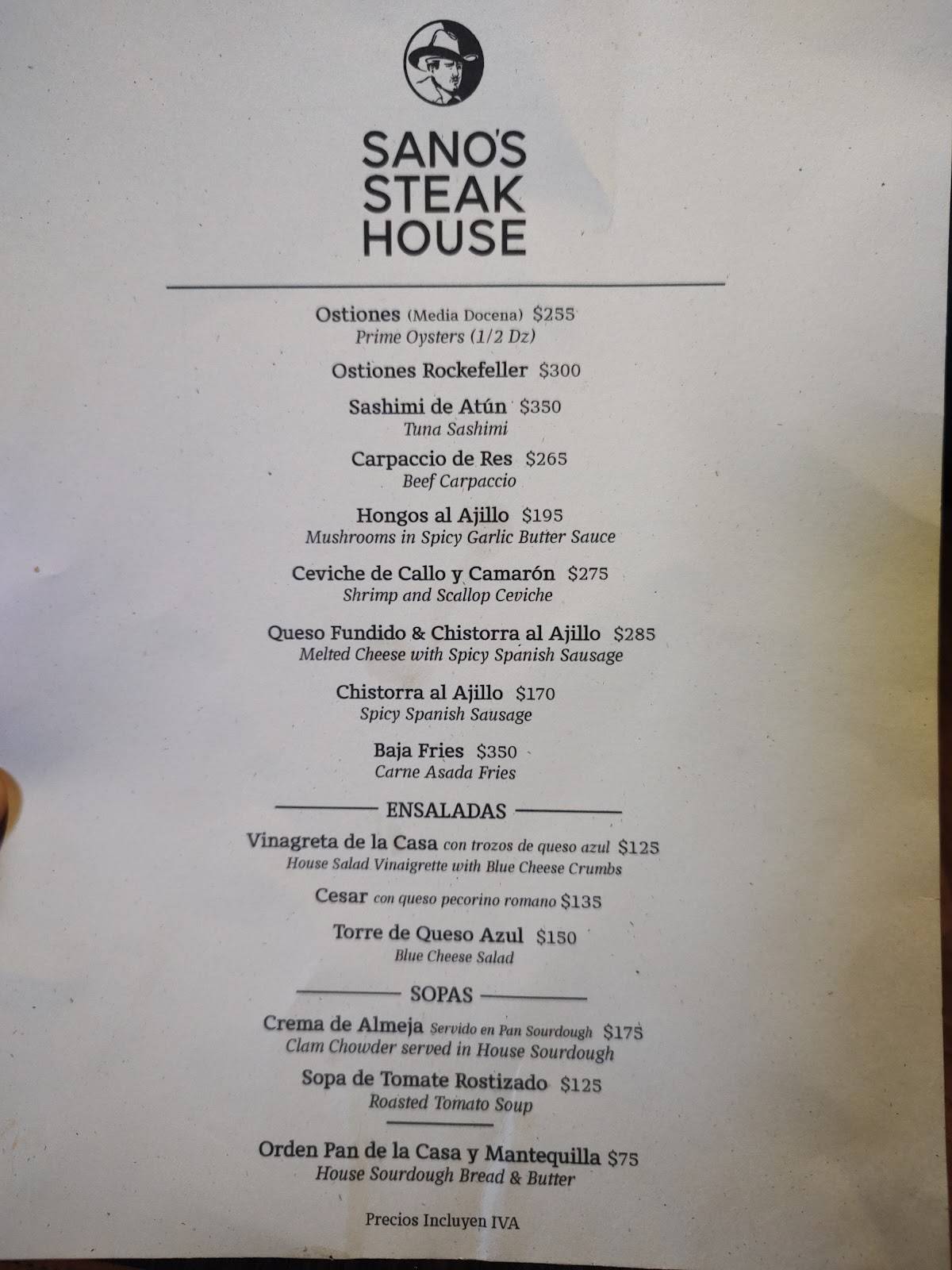 Menu at Sano´s Steak House steakhouse, Ensenada, Carr. Tijuana-Ensenada ...