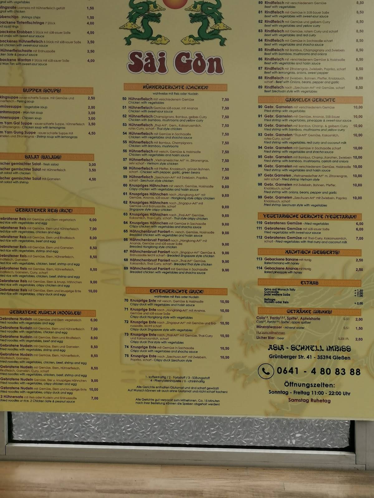 Speisekarte von Sai Gon Schnellimbiss restaurant, Gießen