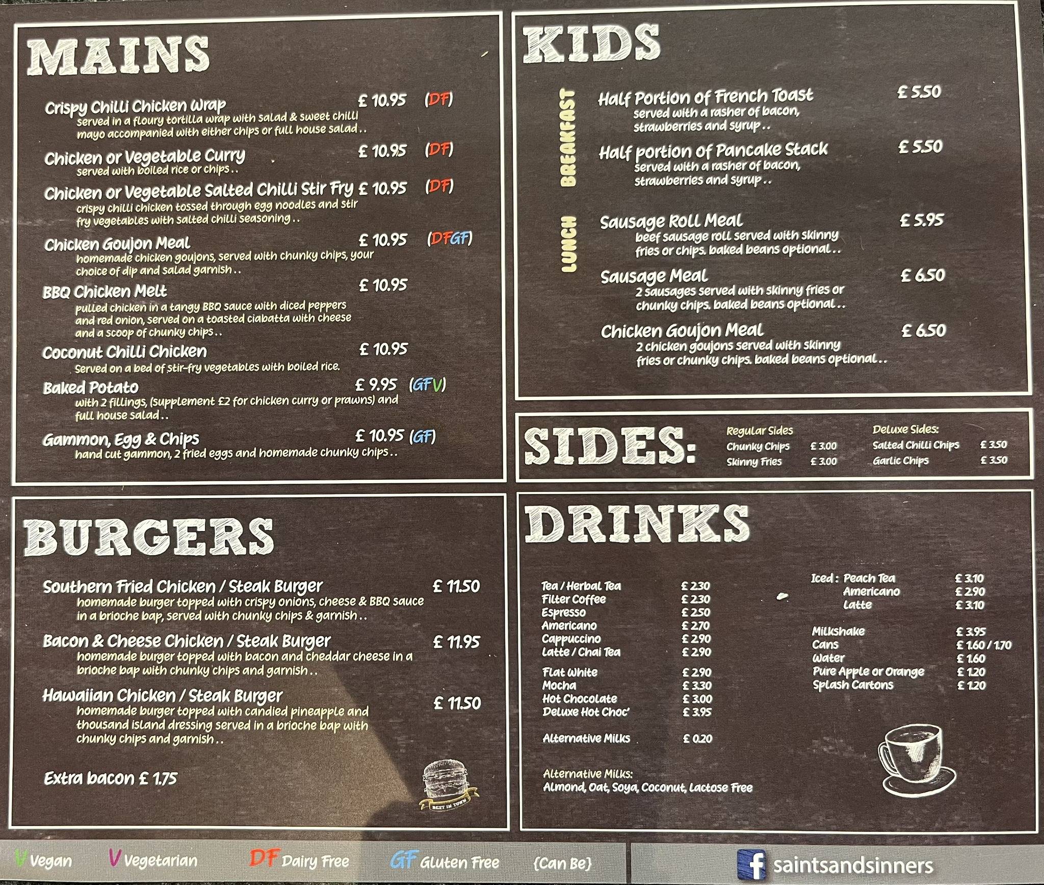 Menu at Saints N Sinners cafe, Donaghadee