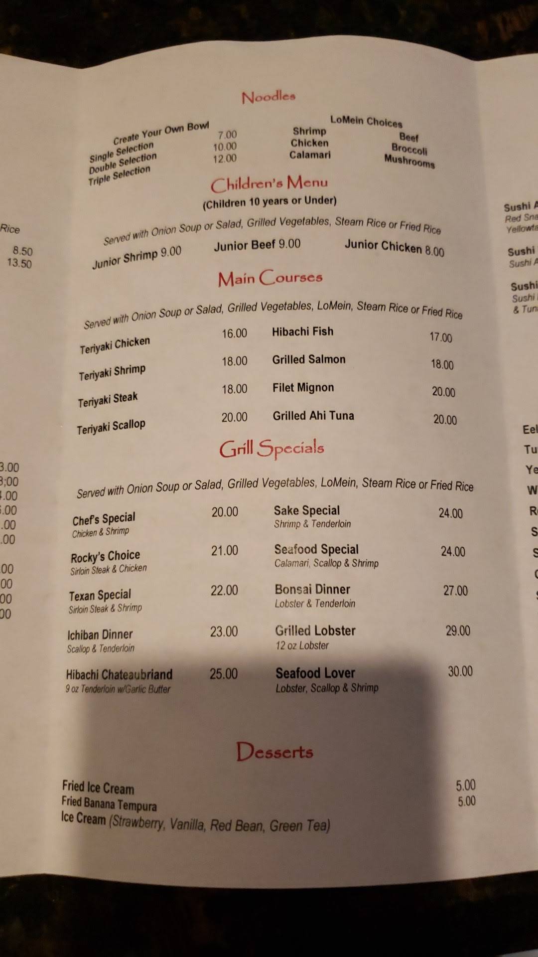 Menu at Sake Sushi Bar & Lounge, Port Arthur
