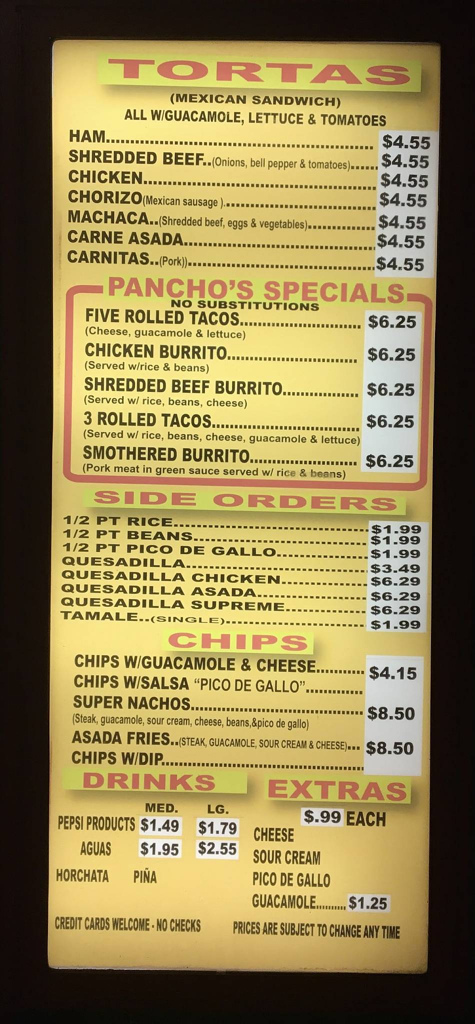 Menu at Pancho's Mexican Food restaurant, Salina