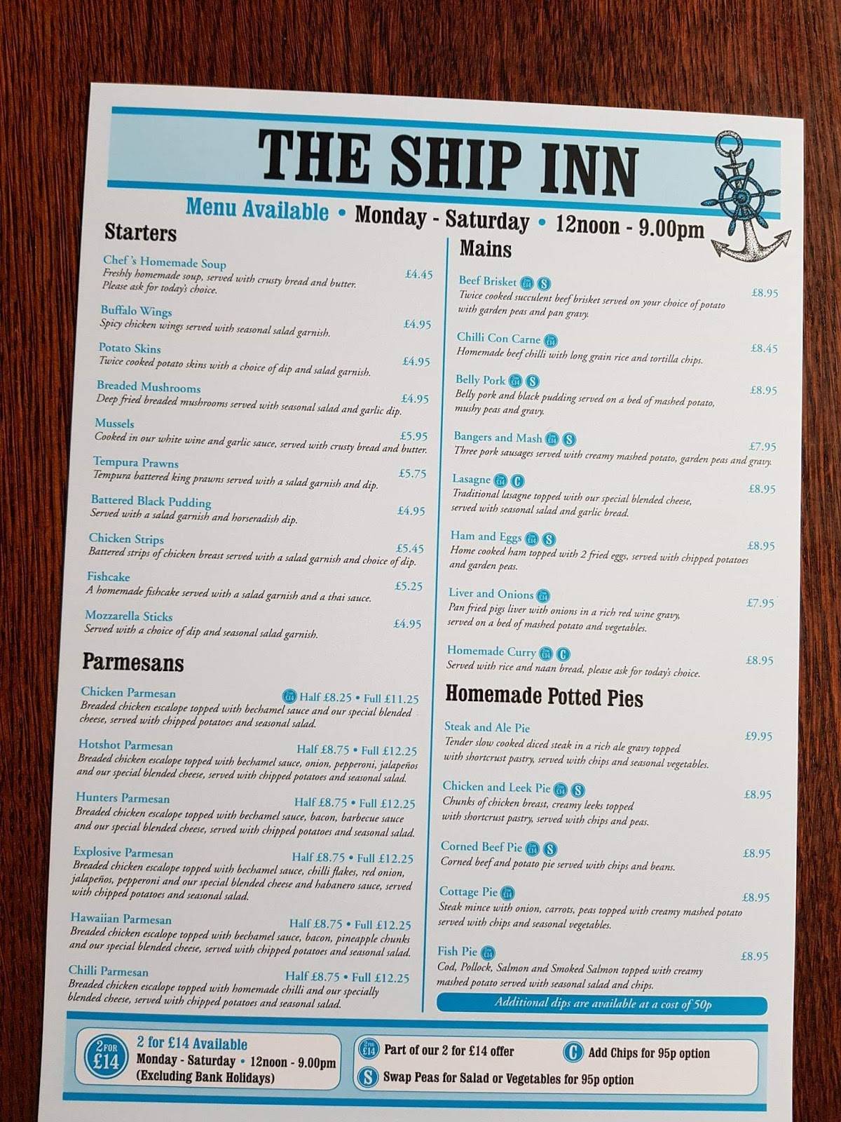 Menu at The Ship Inn pub & bar, Saltburn-by-the-Sea, Saltburn Rd