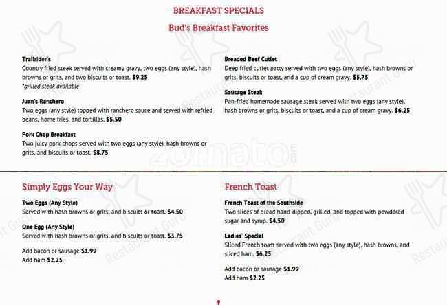 Menu at Bud Jones Restaurant, San Antonio