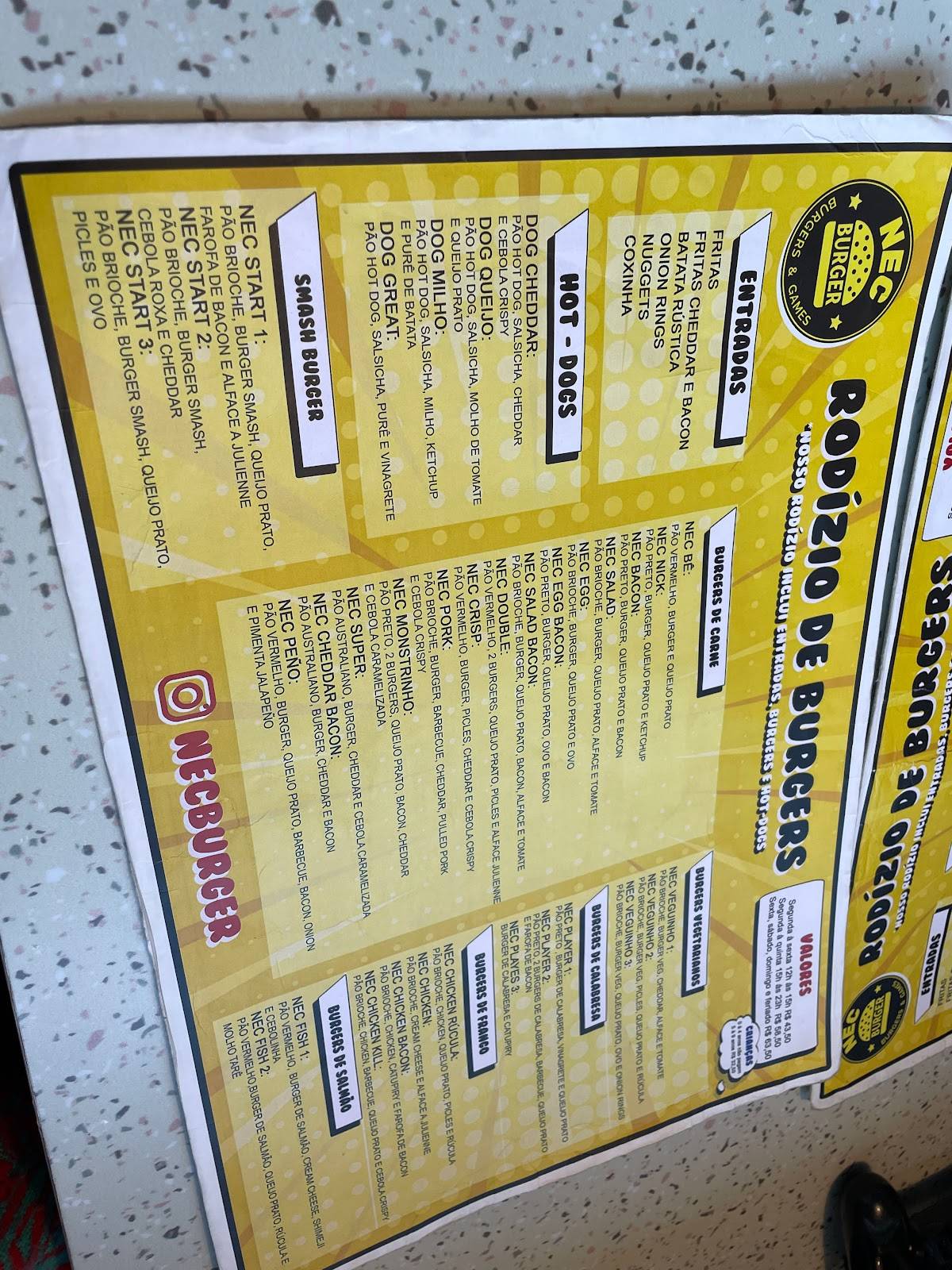 Menu em NEC Burgers & Games restaurante, São Paulo