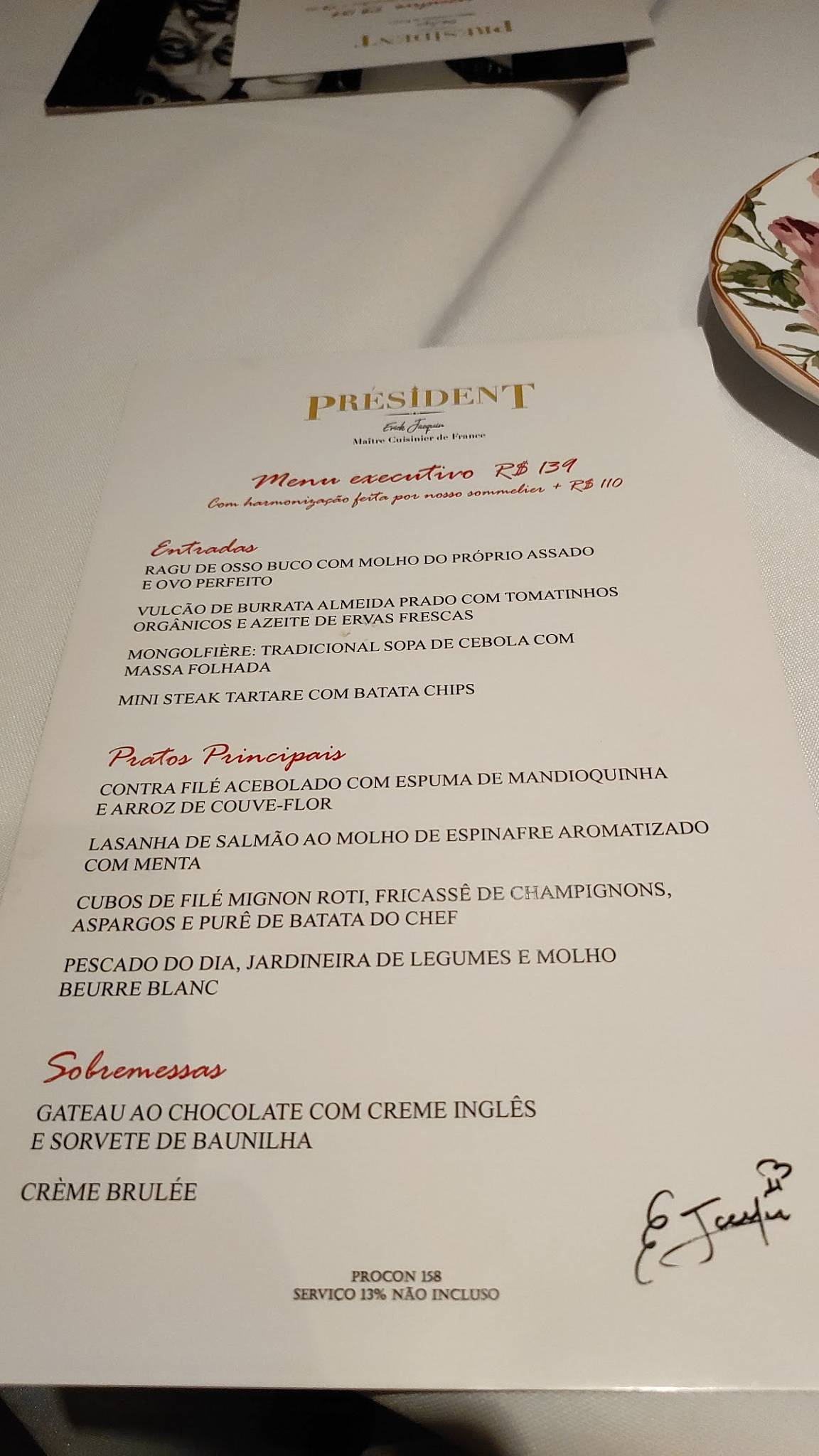 Menu em Restaurante Les Présidents - Erick Jacquin, São Paulo