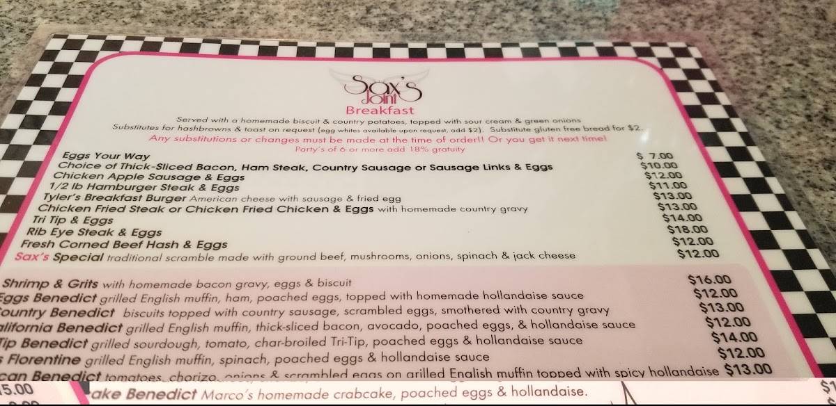 Menu at Sax's Joint restaurant, Petaluma
