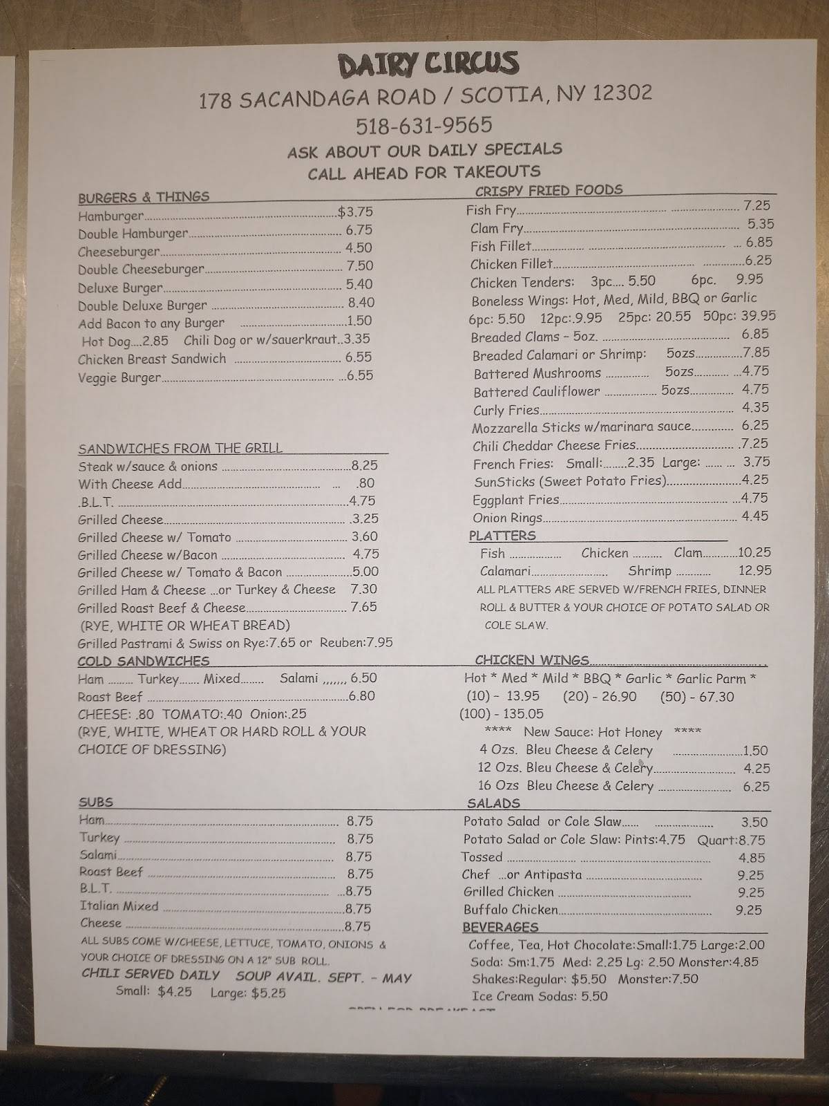 Menu at Dairy Circus restaurant, Scotia