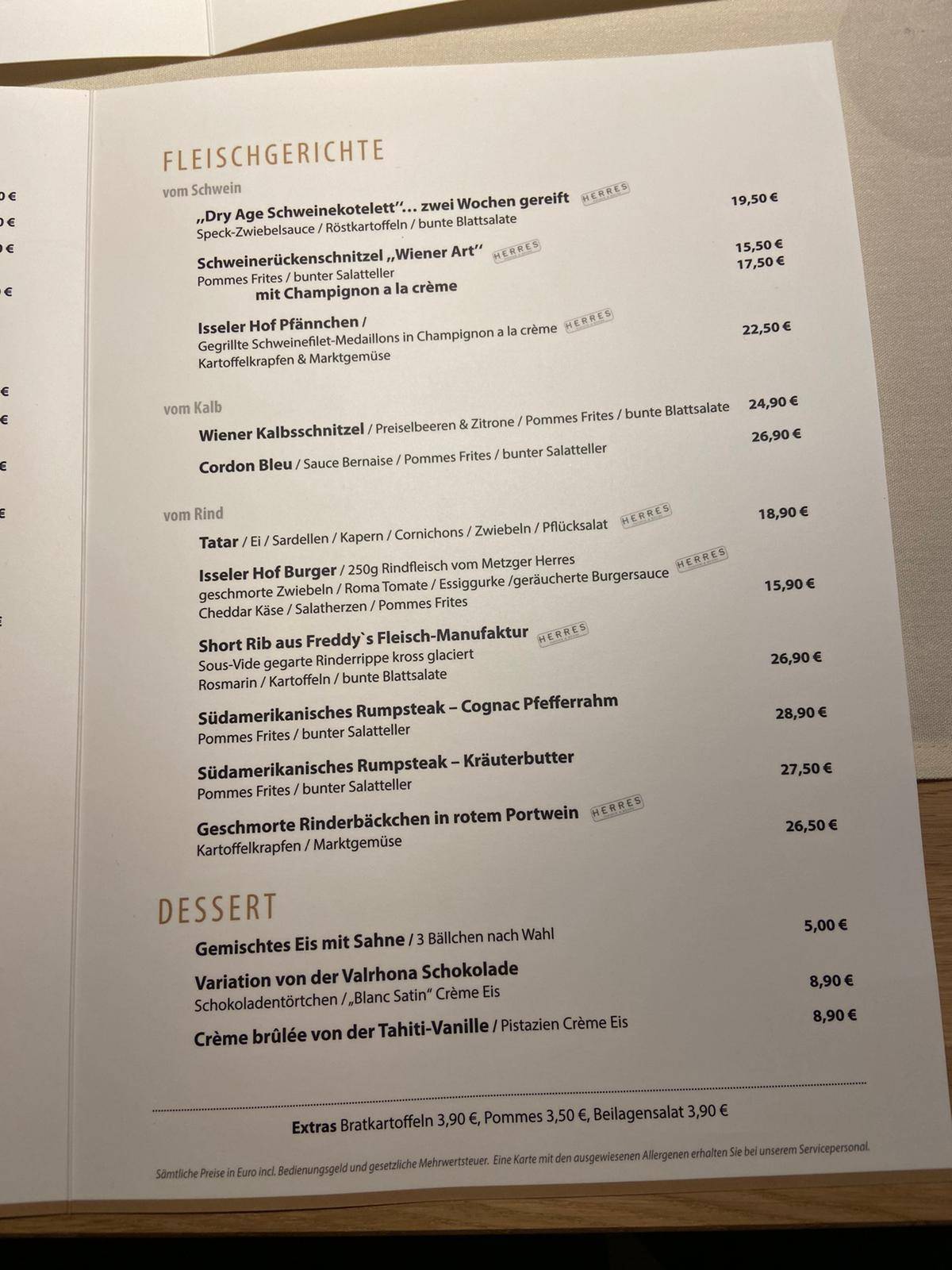Menu at Isseler Hof restaurant, Schweich