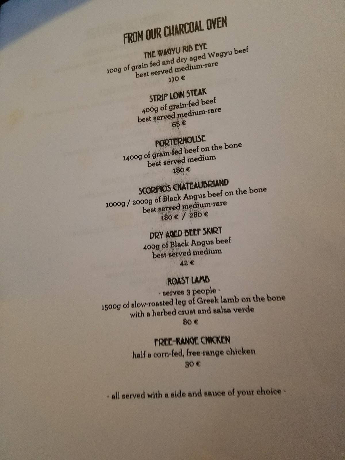 Menu at Scorpios, Mikonos