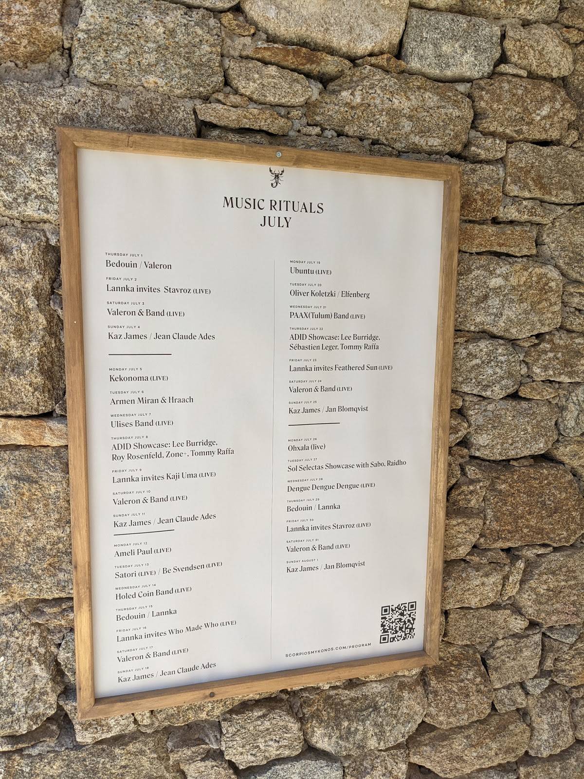 Menu at Scorpios, Mikonos