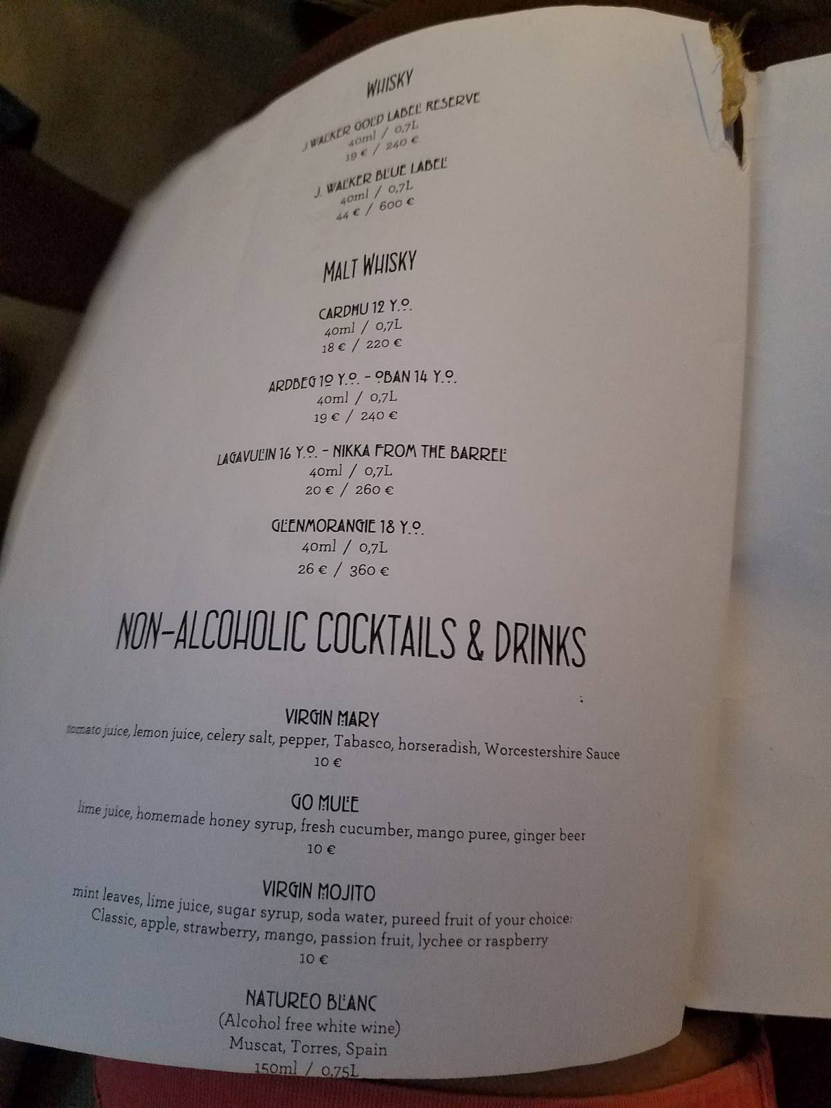 Menu at Scorpios, Mikonos