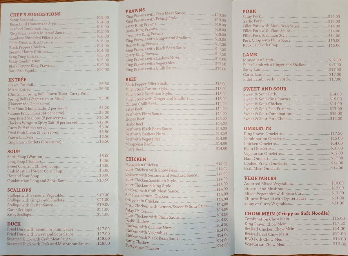 Menu at Sue's Kitchen restaurant, Scullin