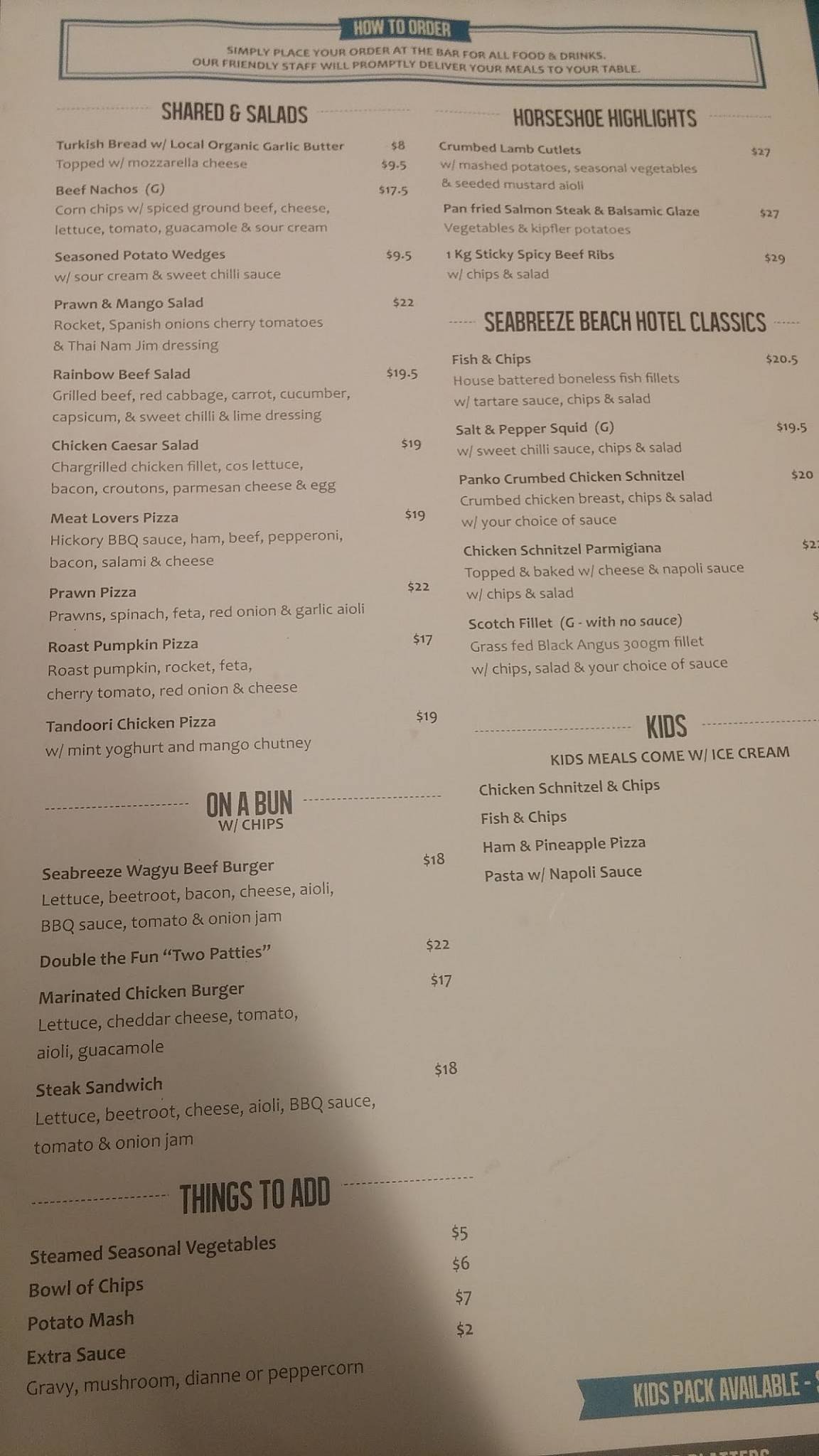 Menu at Seabreeze Beach Hotel pub & bar, South West Rocks