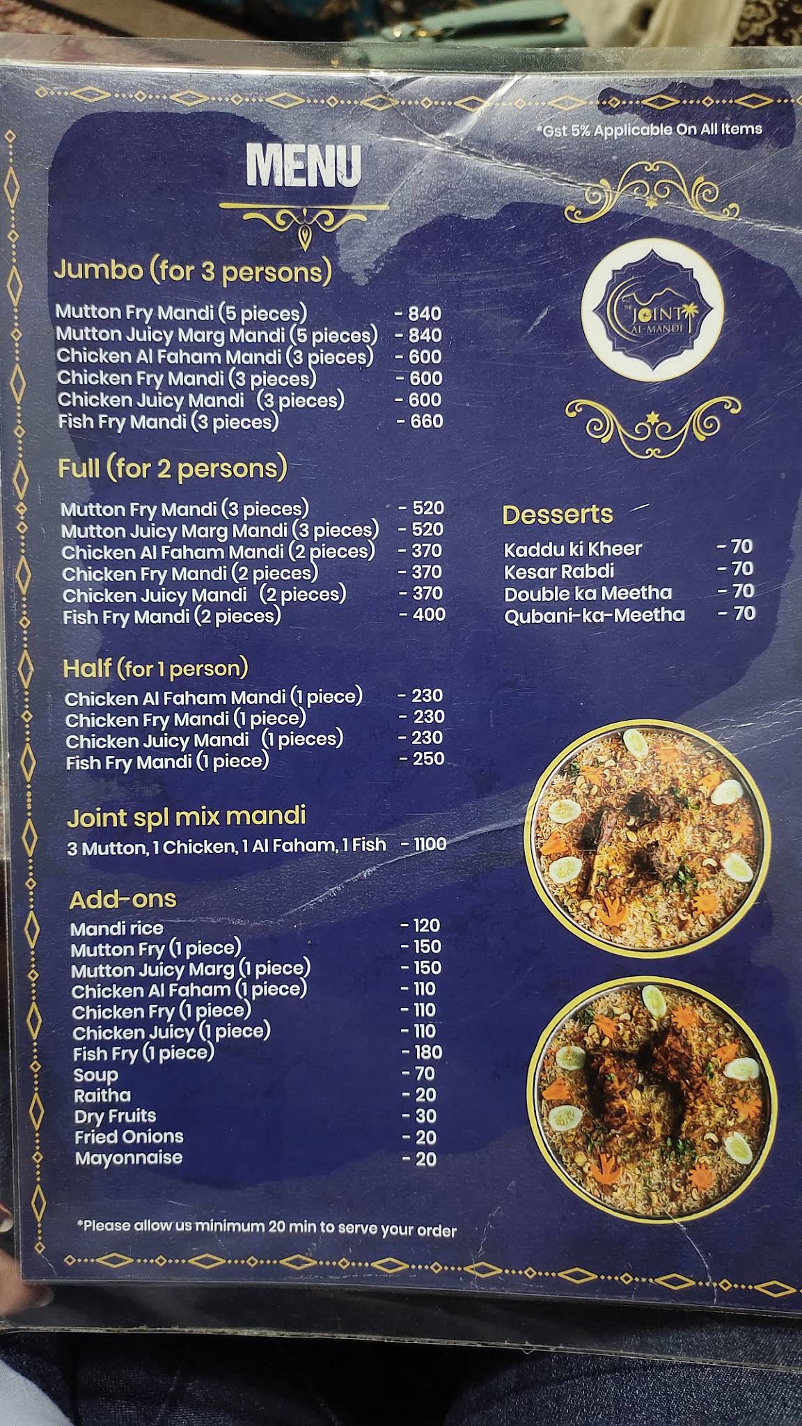 Menu at THE JOINT AL- MANDI, Secunderabad