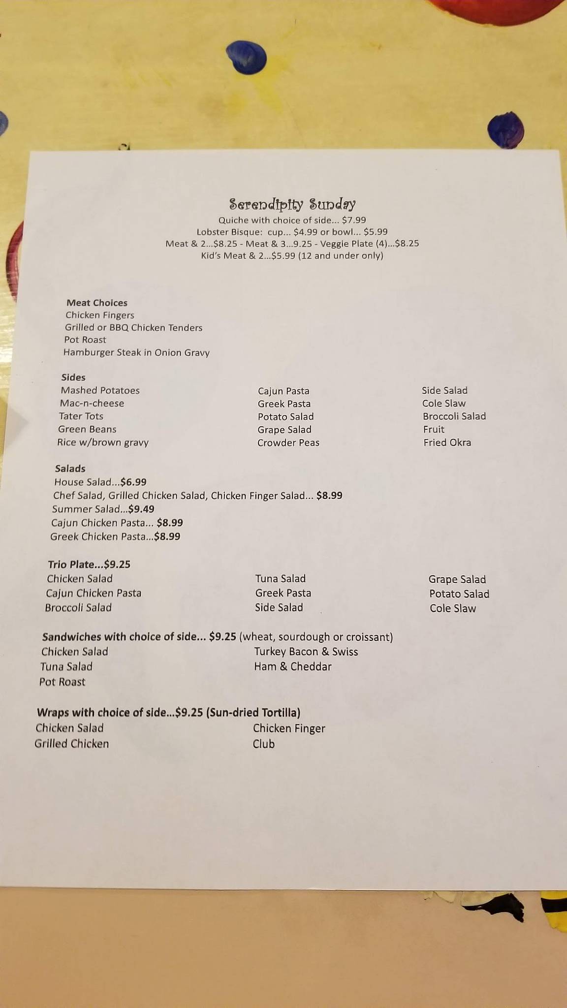 Menu at Serendipity Café cafe, Easley