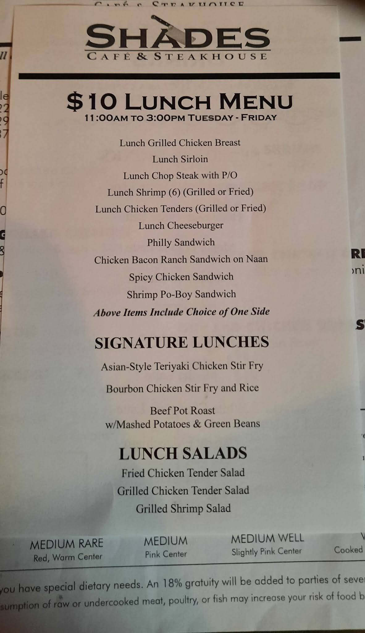 Menu at Shades Café & Steakhouse, Middlesboro