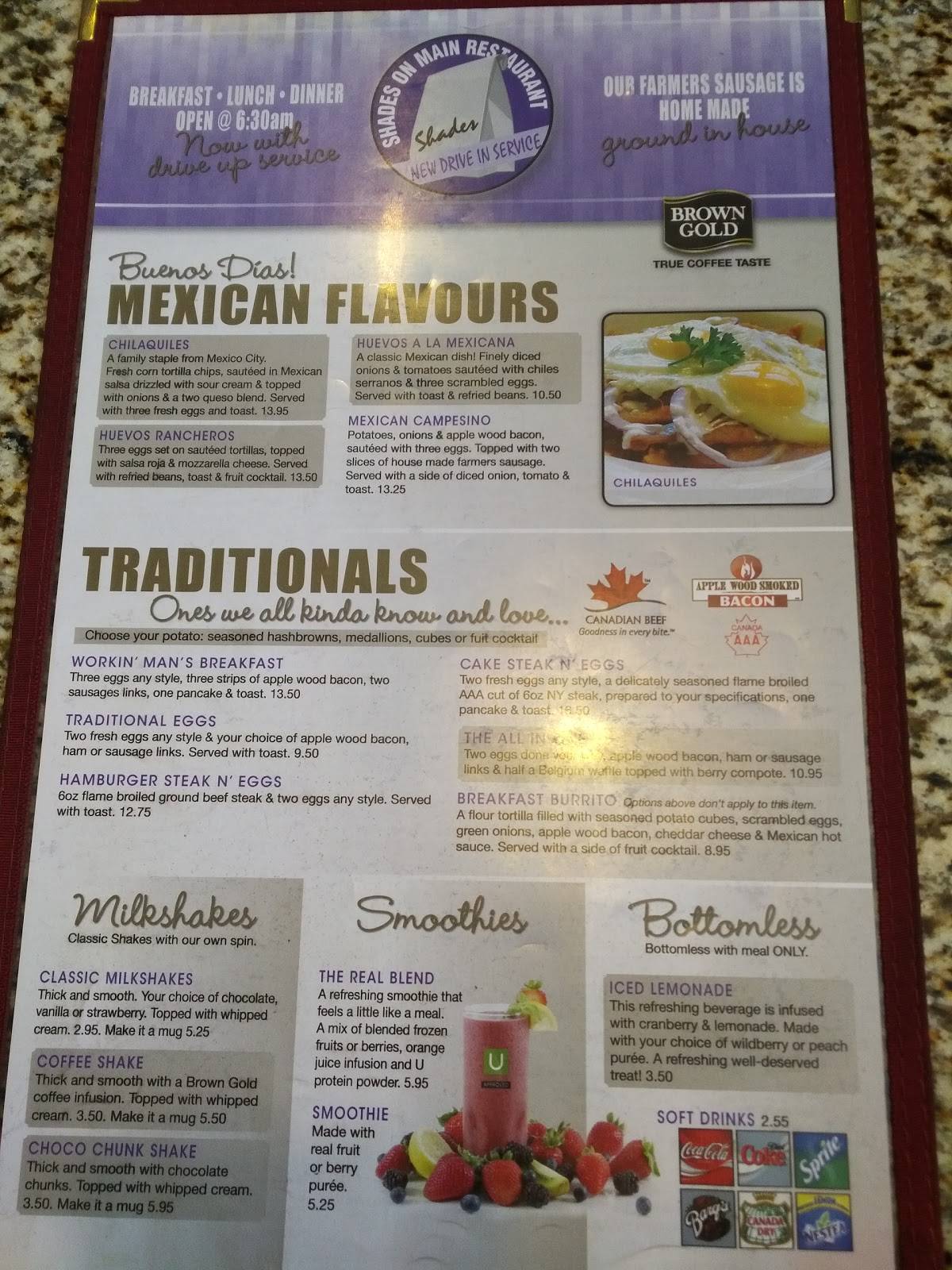 Menu at Shades on Main Restaurant, Penticton