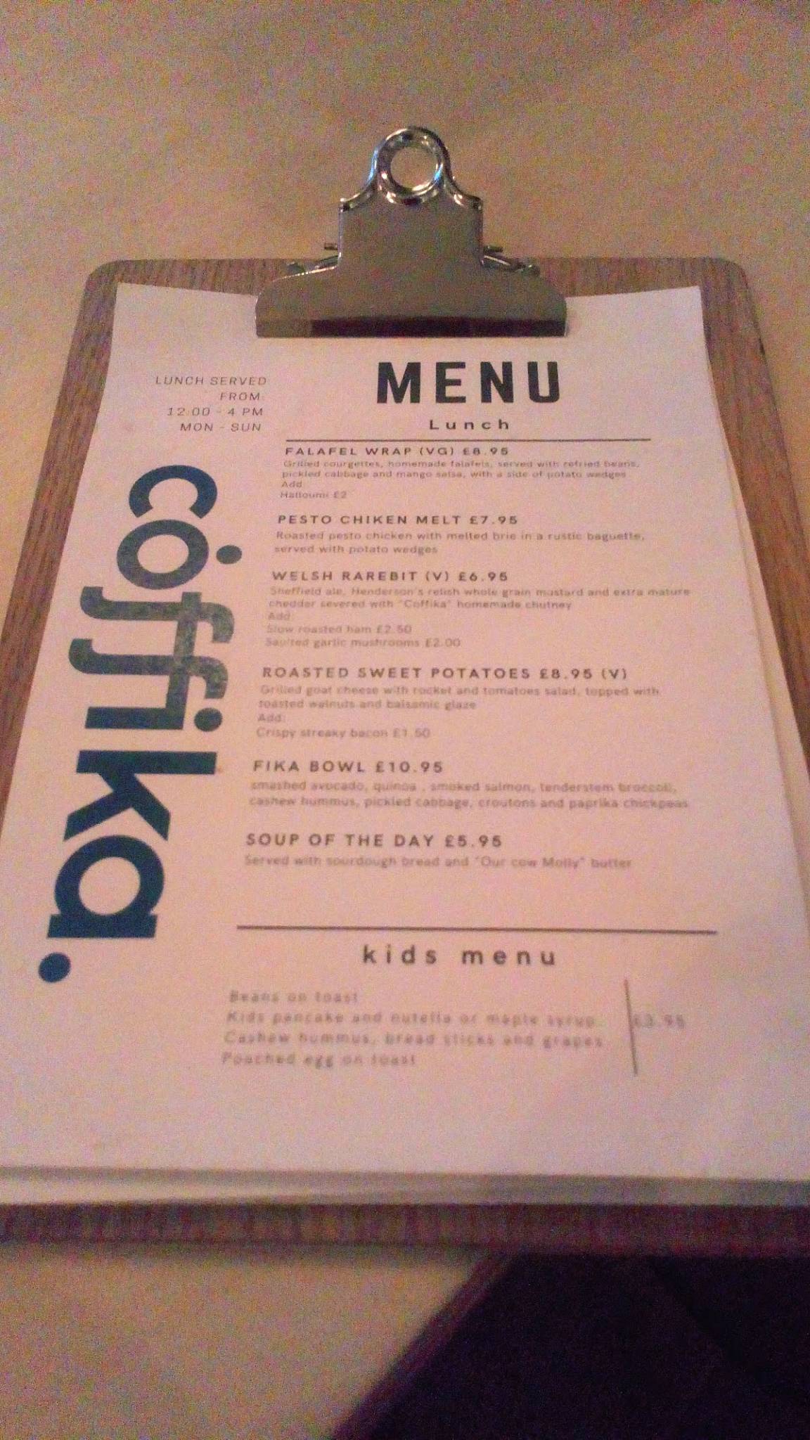 Menu at Coffika cafe, Sheffield, 412