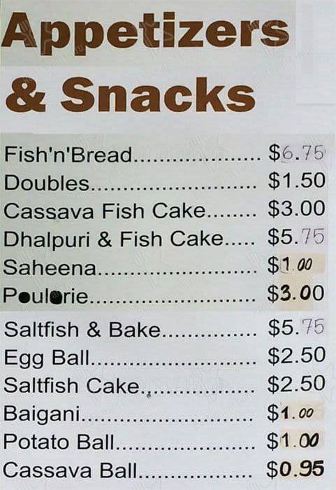 Menu at Shereen's Guyanese Bakery & Roti, Toronto
