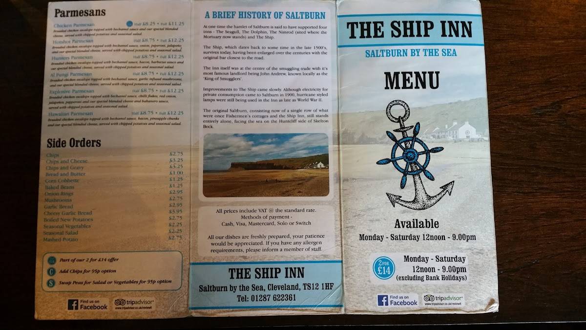 Menu at The Ship Inn pub & bar, Saltburn-by-the-Sea, Saltburn Rd