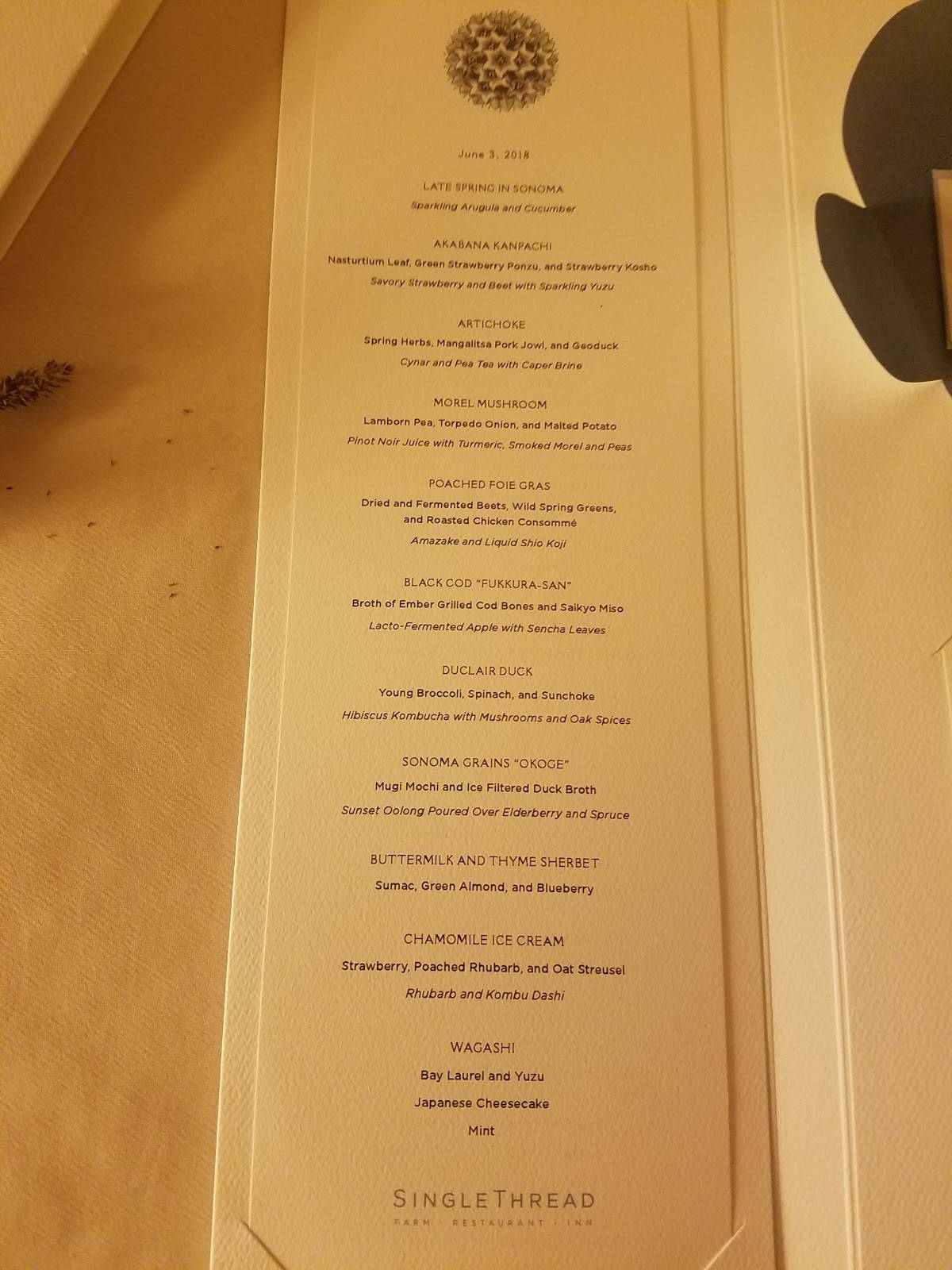 Menu at SingleThread Farm - Restaurant - Inn, Healdsburg