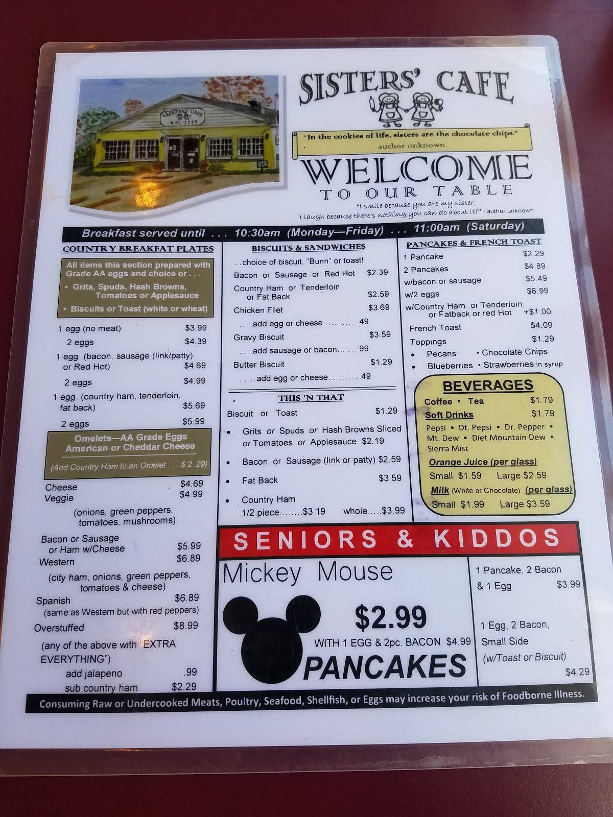 Menu at Sisters Cafe, Bunn