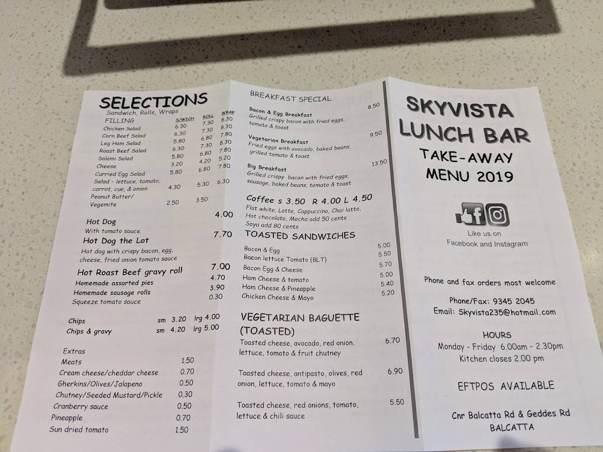 Menu at Skyvista Lunch Bar & Cafe, Balcatta