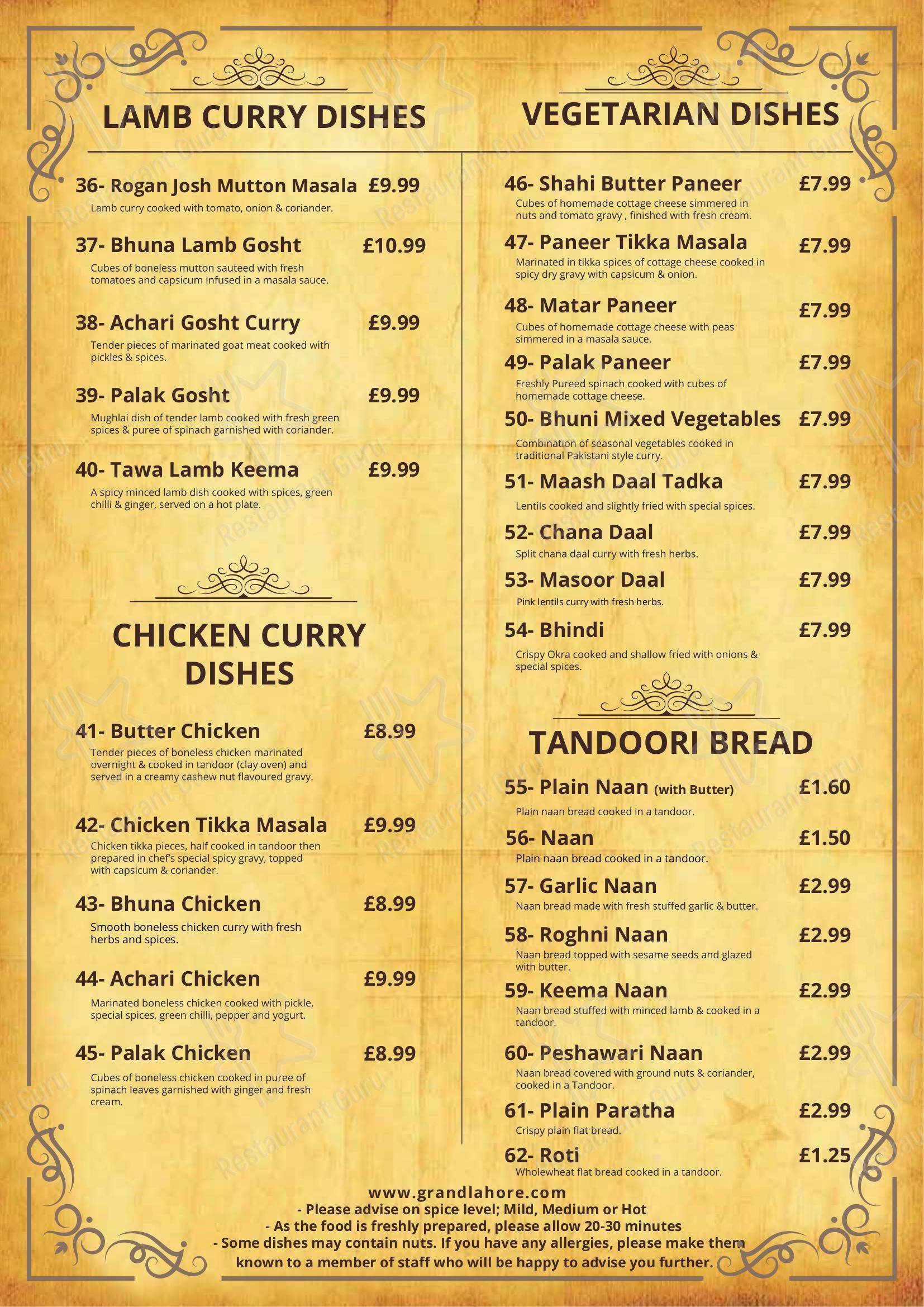 Menu at Grand Lahore restaurant, Slough
