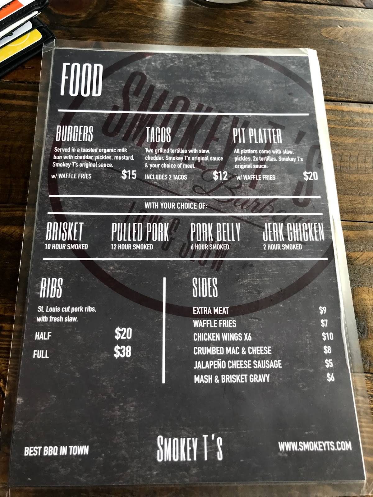Menu at Smokey T's restaurant, Christchurch