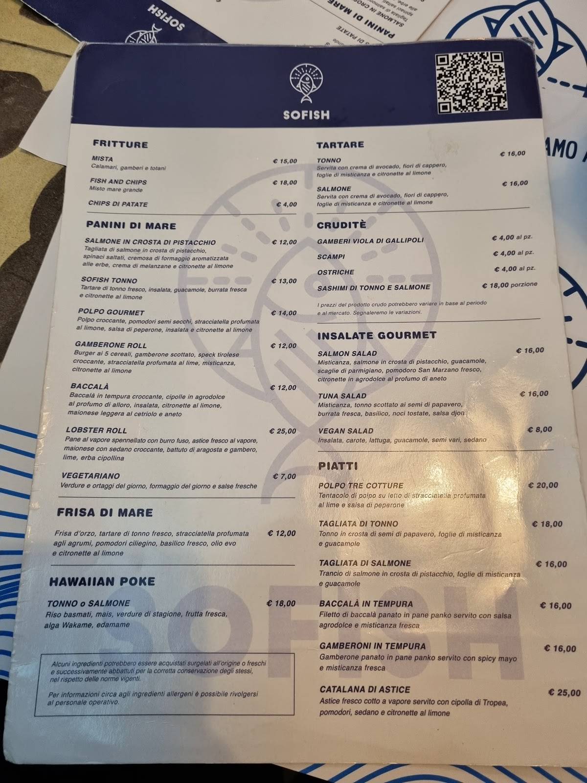 Menu da SoFish fast food, Otranto