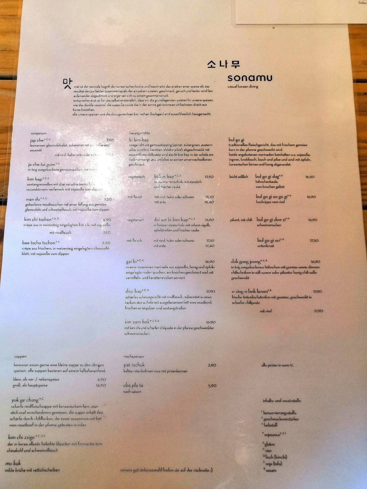 Menu at Sonamu restaurant, Frankfurt