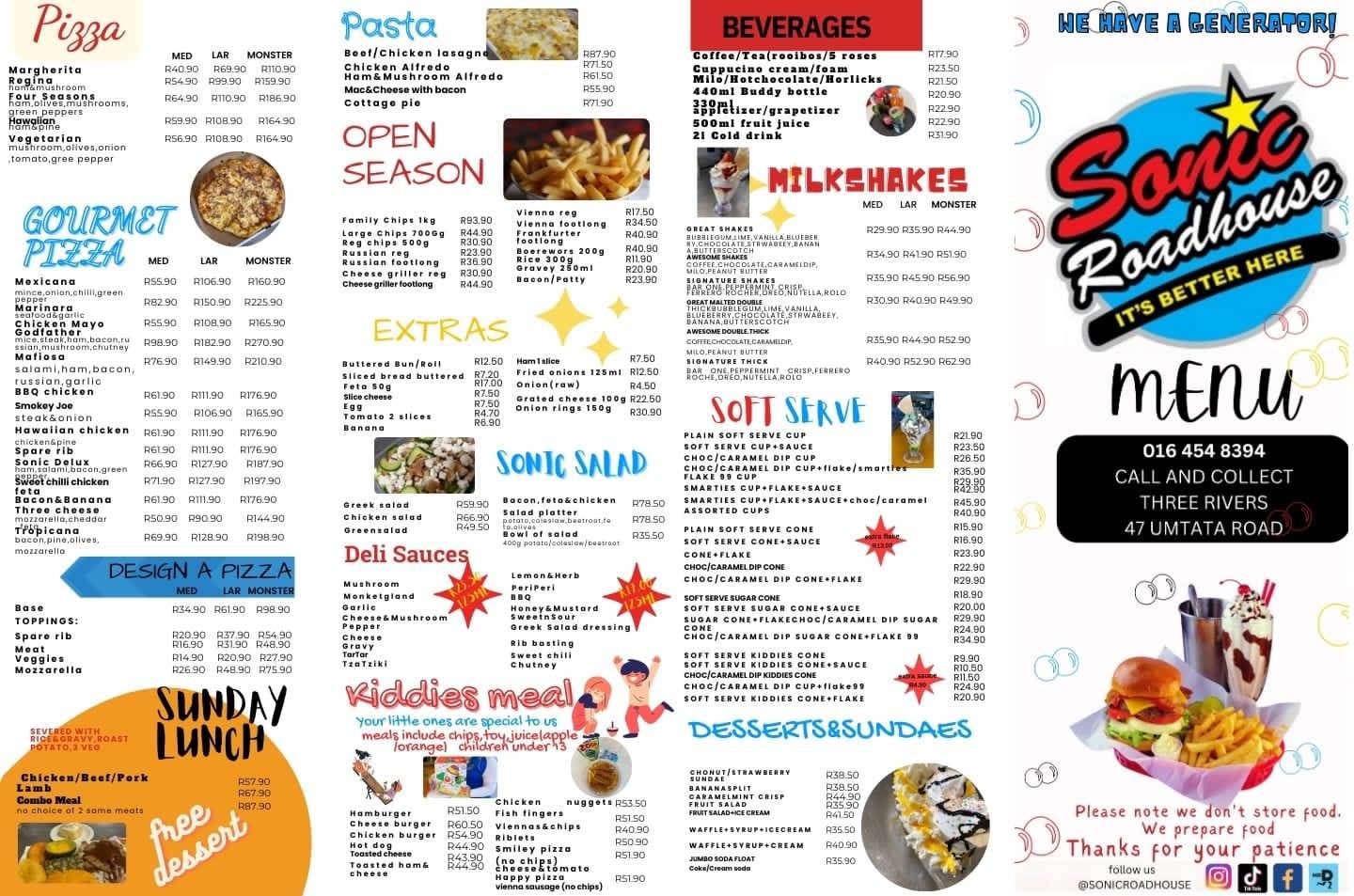 Menu at Sonic Roadhouse restaurant, Vereeniging